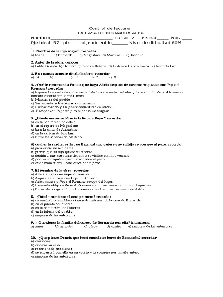 Prueba La Casa de Bernarda Alba | PDF