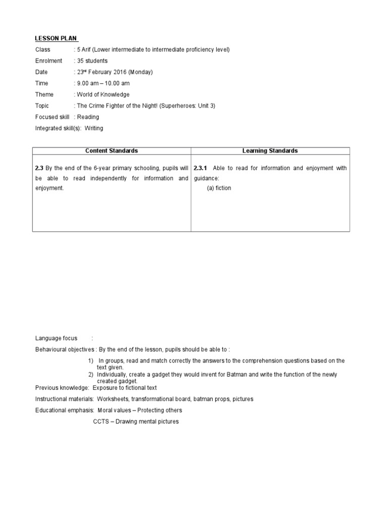 Lesson Plan Reading Superheroes | PDF | Lesson Plan | Teachers