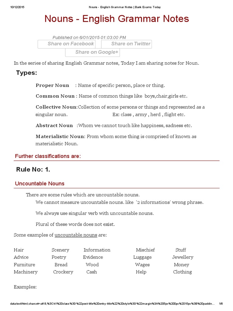Nouns - English Grammar Notes - Bank Exams Today | PDF | English ...