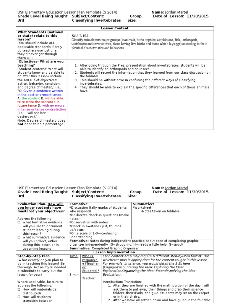 Final Lesson Plan Invertebrates | PDF | Lesson Plan | Education Theory