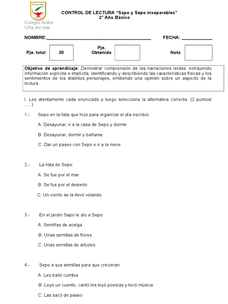 Prueba de Sapo y Sepo, Inseparables. | PDF