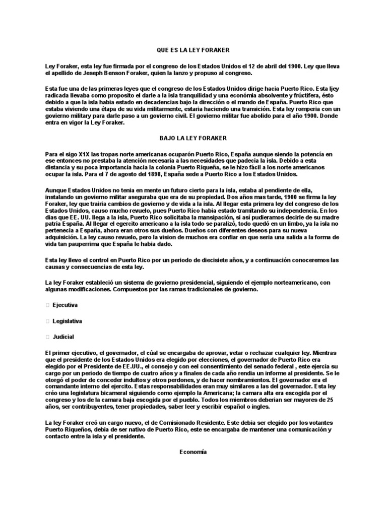 Que Es La Ley Foraker | PDF | Puerto Rico | Legislatura