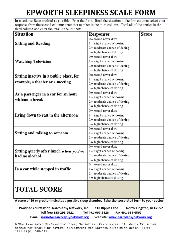 Epworth Sleepiness Scale Form: Total Score | PDF