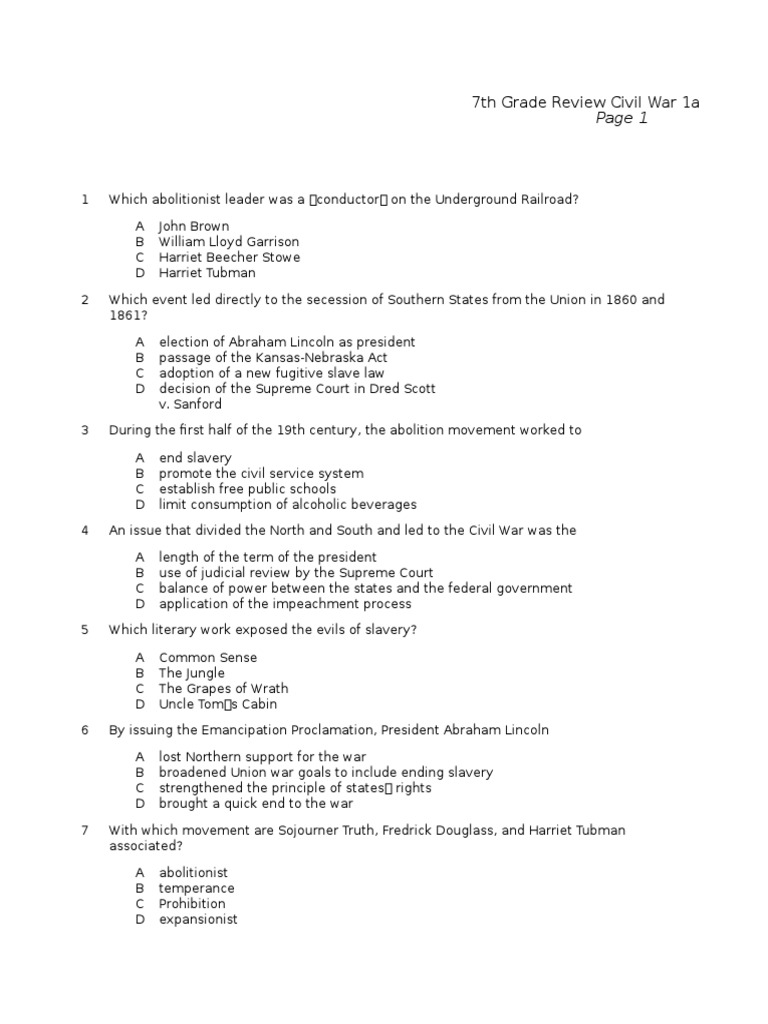 7th Grade Civil War Review Quiz | PDF