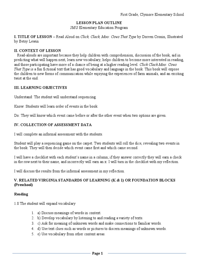 Click Clack Moo Lesson Plan Final | PDF | Reading Comprehension