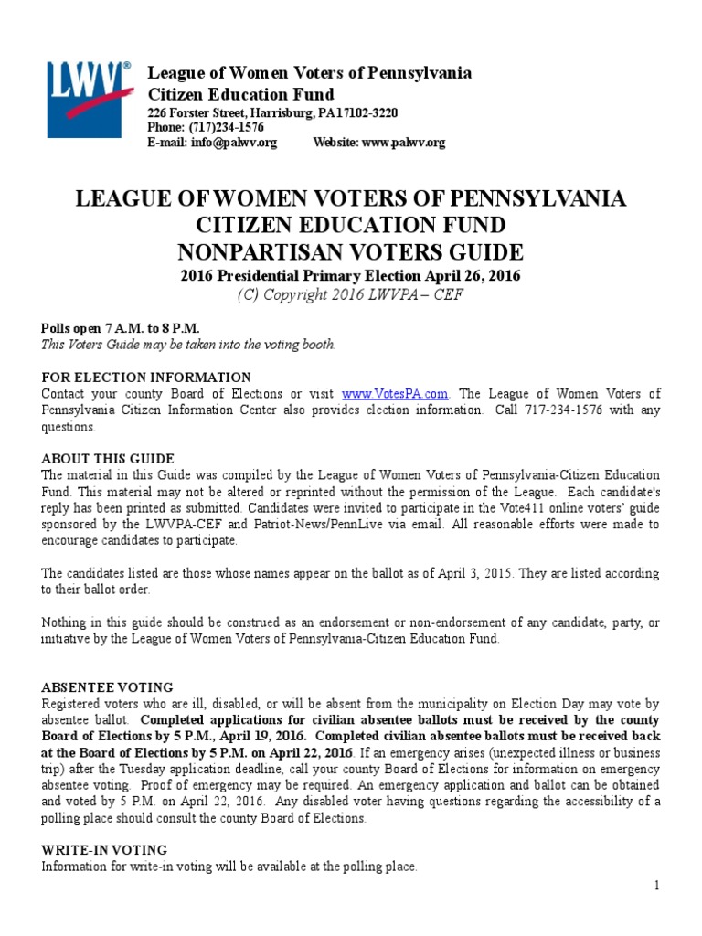 The Bucks County Primary: Your Non-Partisan League of Women Voters ...