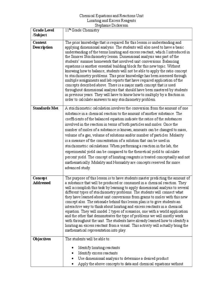 Limiting and Excess Reactants Lesson Plan | PDF | Stoichiometry ...