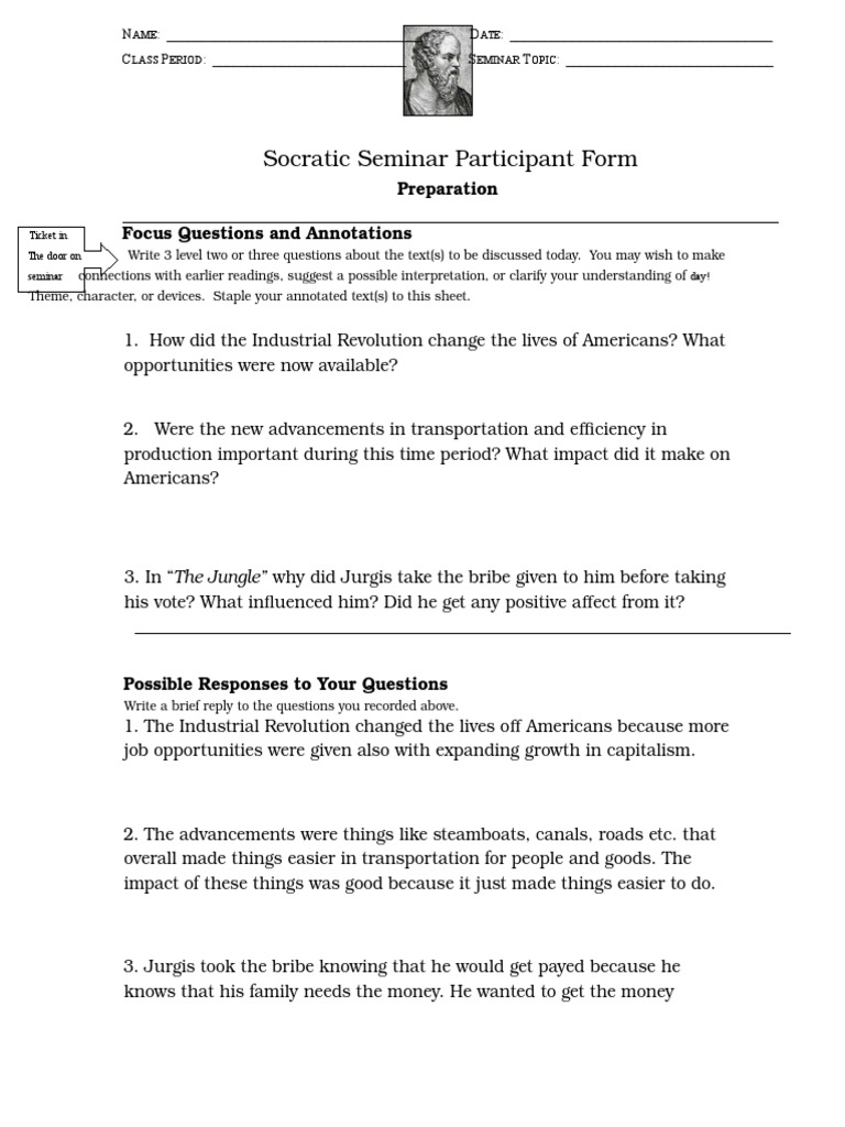 Socratic Seminar Participant Form: Preparation Focus Questions and ...