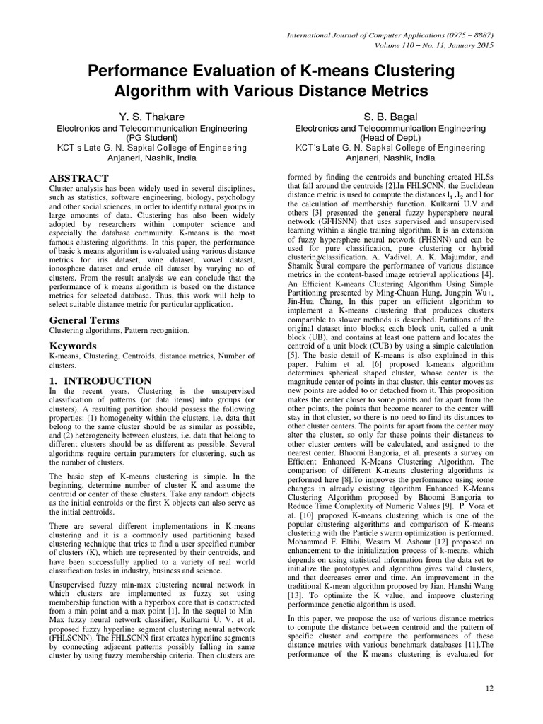 Performance Evaluation of K-Means Clustering Algorithm With Various Distance Metrics | PDF ...