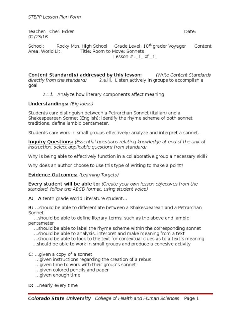 Cep Sonnet Lesson Plan | PDF | Sonnets | Lesson Plan