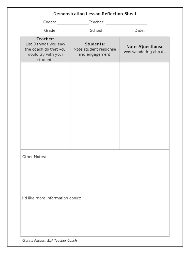 Lesson Reflection Sheet Template | PDF
