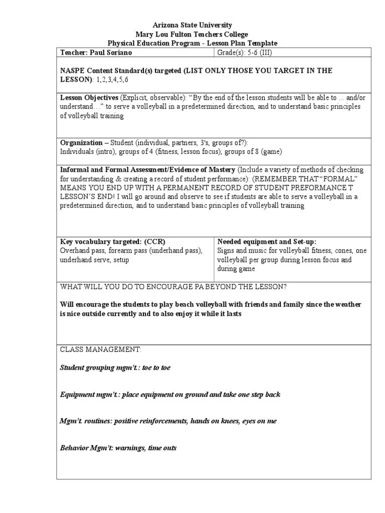 Grade 5-6 Volleyball Lesson Plan | PDF | Volleyball | Teaching
