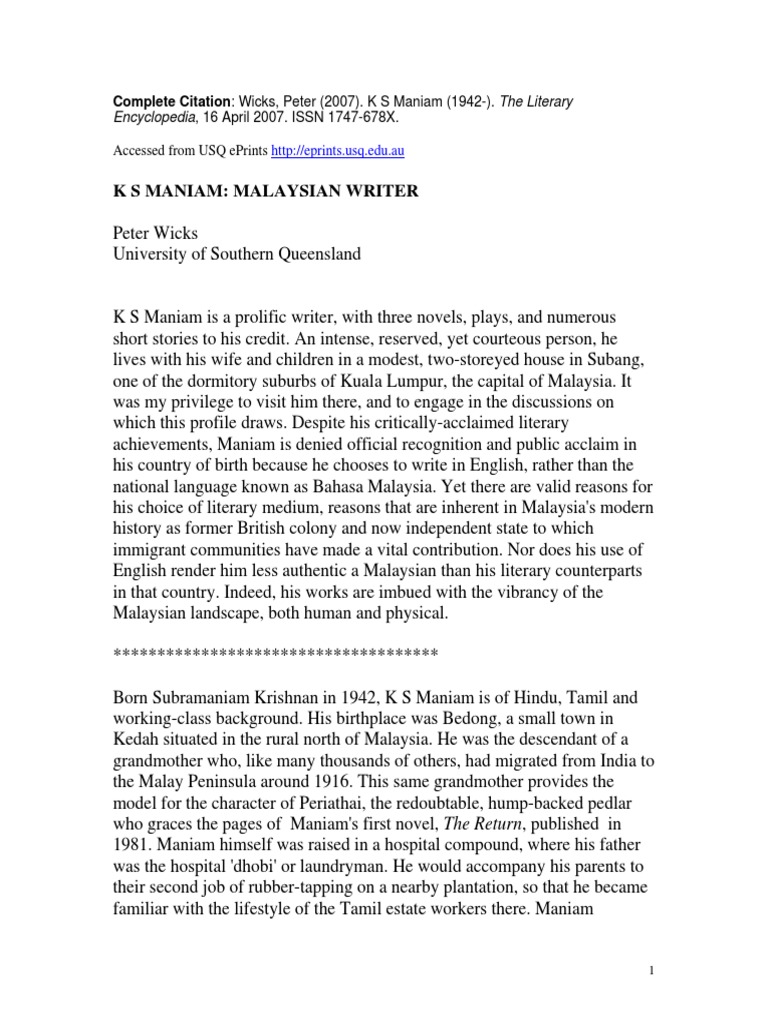 K S Maniam: Malaysian Writer | PDF | Malaysia | Further Education