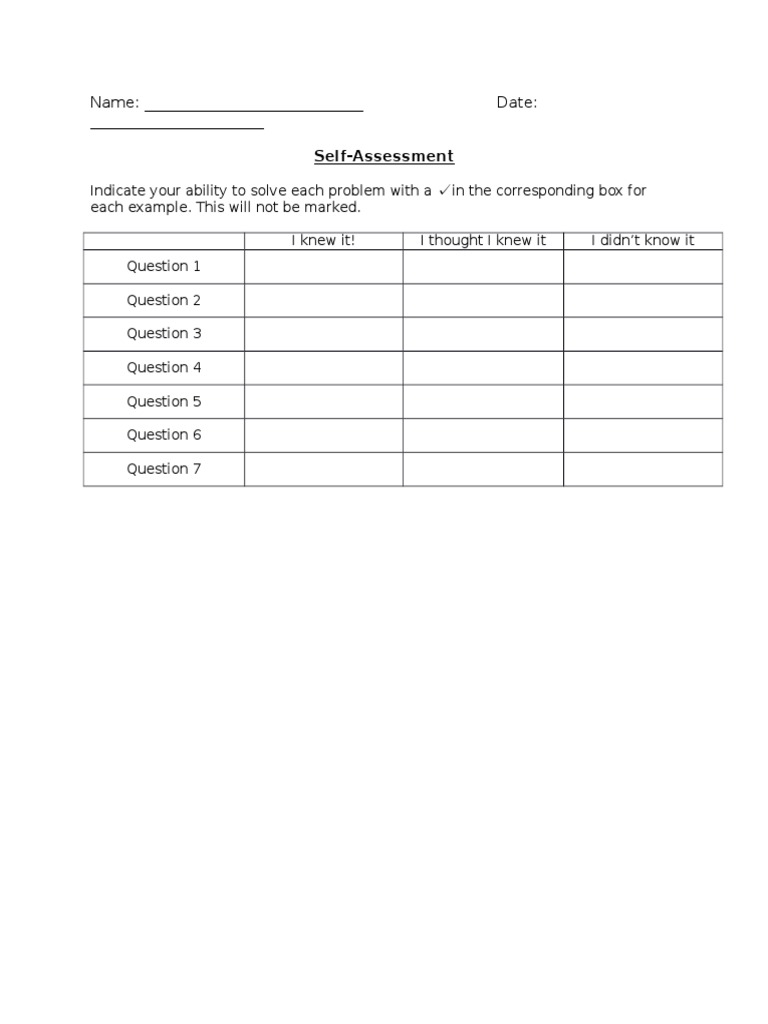 Self Assessment Sheet | PDF