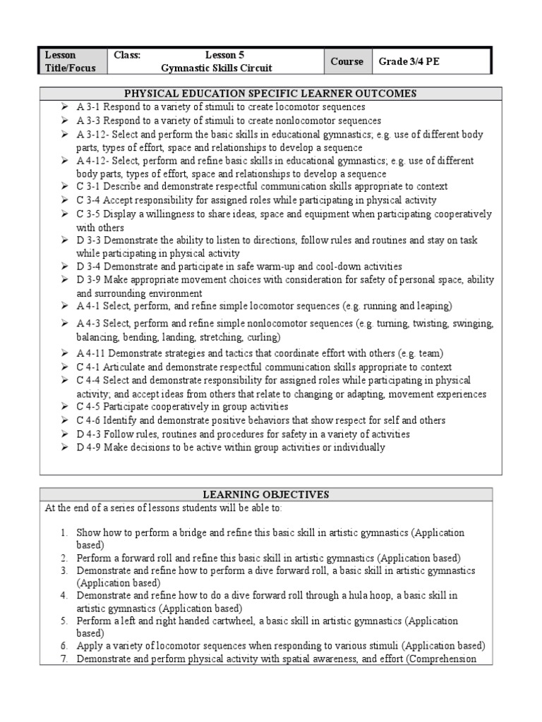 Grade 4 Pe Lesson 4 Gymnastic Stations | PDF | Gymnastics | Reading ...