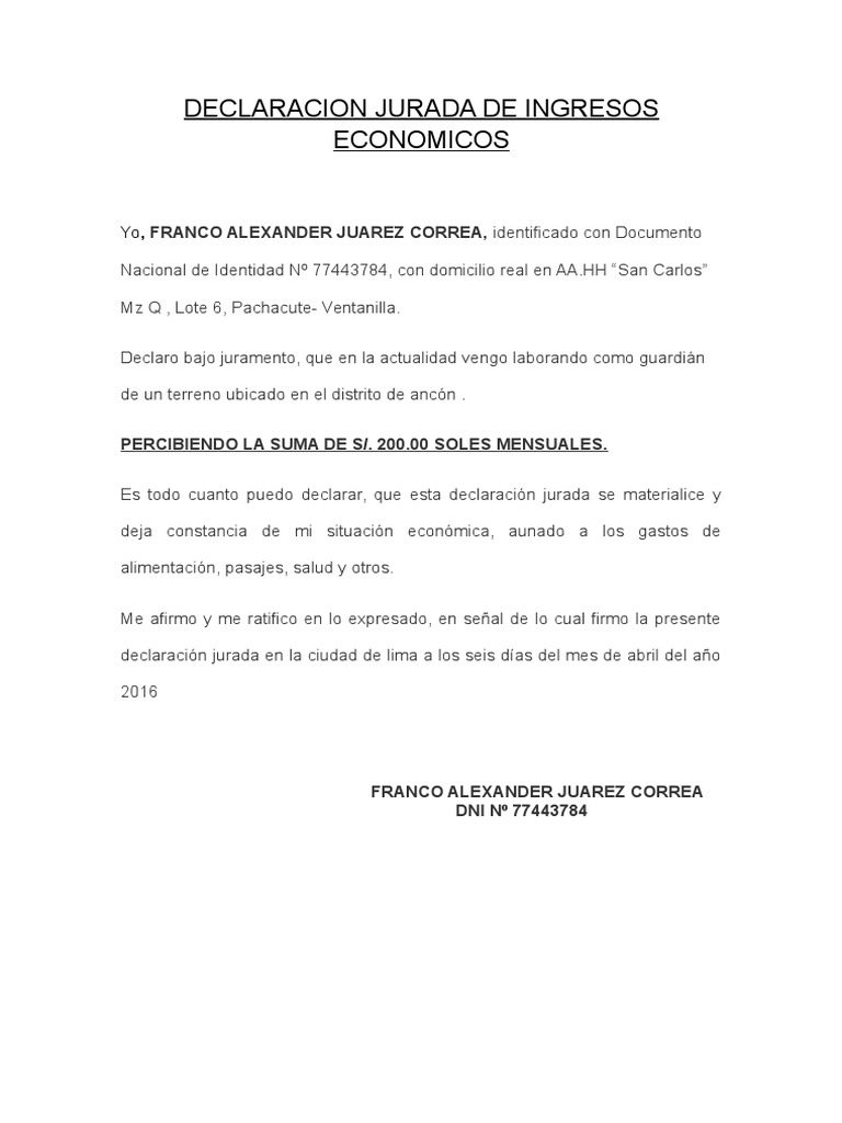 Declaracion Jurada de Ingresos Economicos | PDF | Derecho