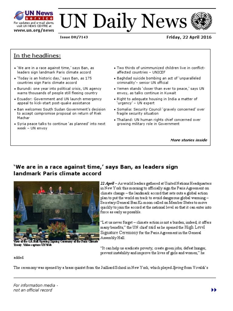 UN Daily News: in The Headlines | PDF | United Nations Framework ...