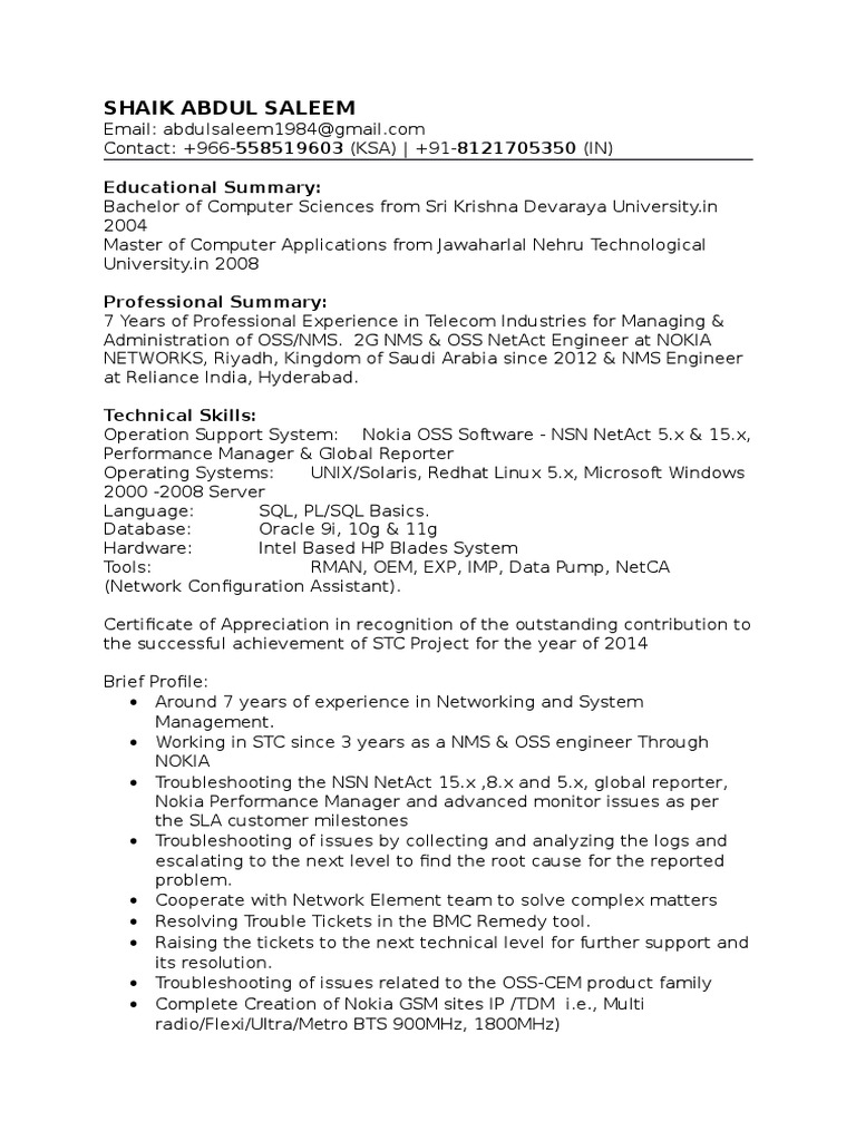 Abdul Saleem CV | PDF | Technical Support | Computer Network