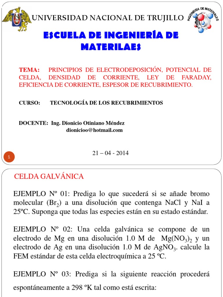 Principios de Electrodeposición, Potencial de Celda, Densidad de ...