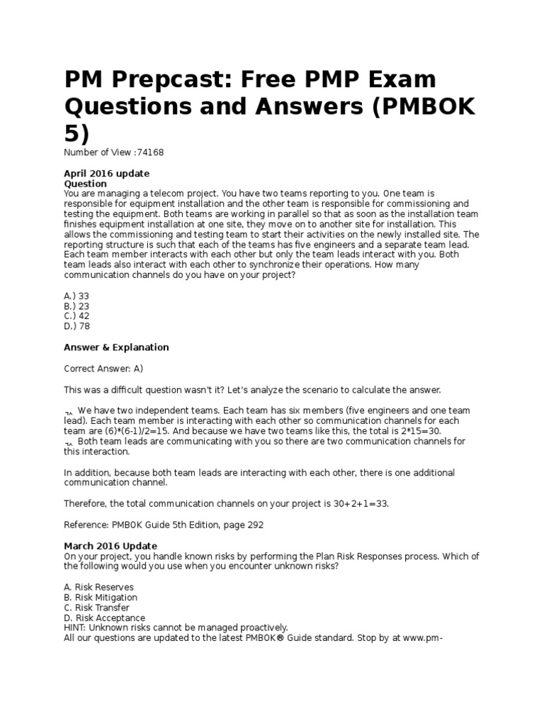 PM Prepcast Answer and Exam Questions | PDF | Benchmarking | Project Management