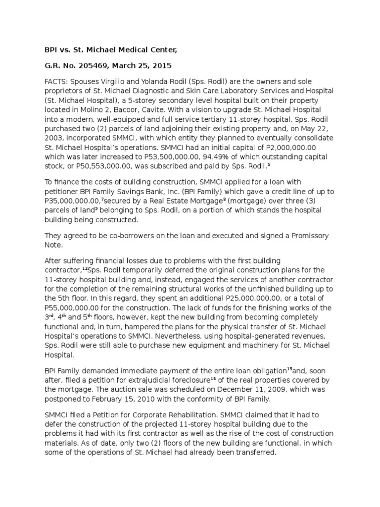 BPI vs. St. Michael Medical Center | PDF | Insolvency | Corporations