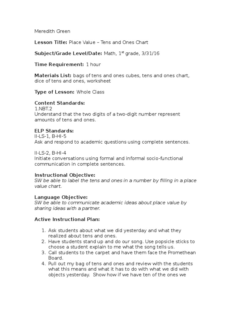 Place Value Lesson Plan | PDF | Understanding | Educational Assessment
