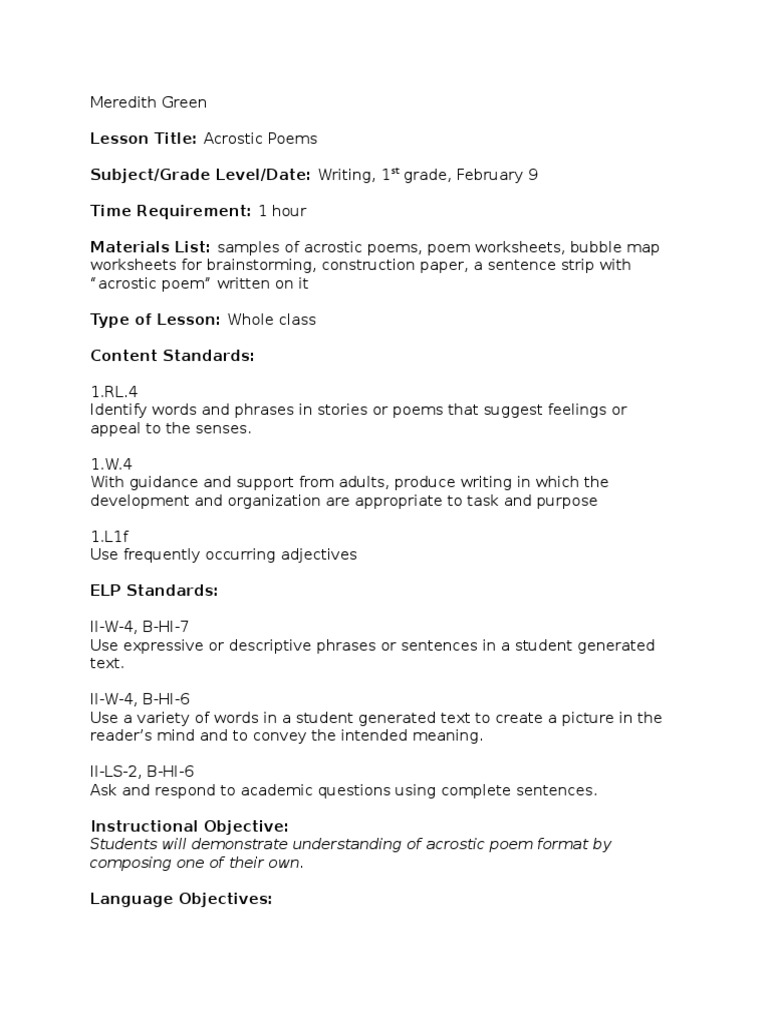 Acrostic Poem Lesson Plan | PDF | Question | Poetry