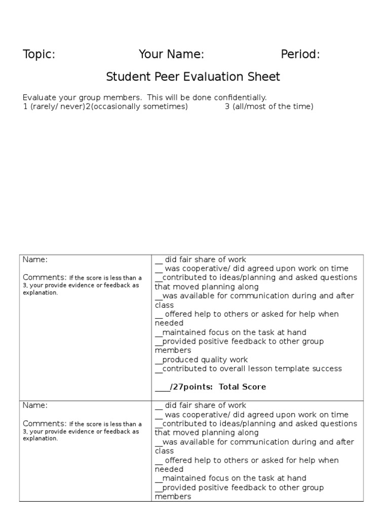 Peer Eval Form | PDF | Cognition | Behavior Modification