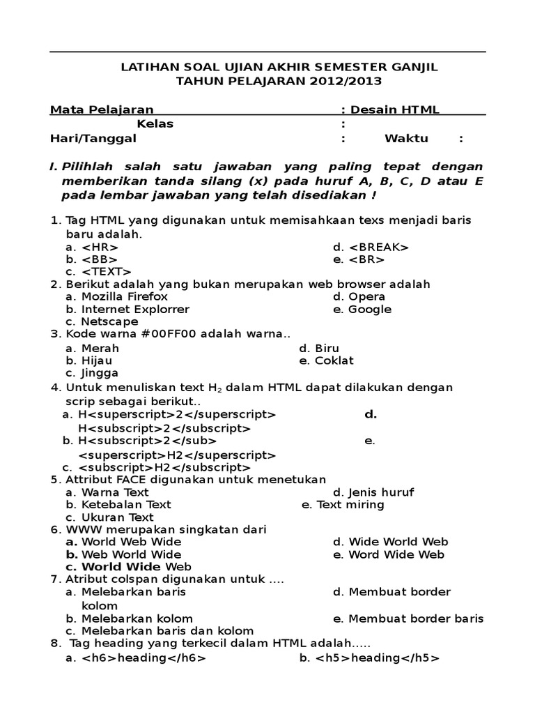Latihan Soal UAS Mulok-Desain Web-HTML | PDF