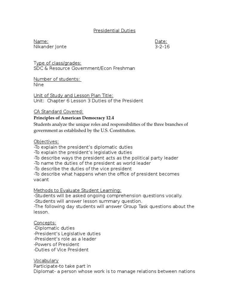 Presidential Duties Lesson Plan | PDF | Pedagogy | Communication