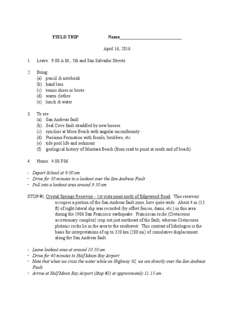Field Trip Student Version | PDF | Geology | Earth Sciences