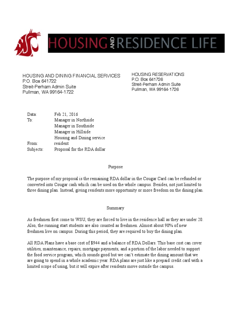 Housing Reservations P.O. Box 641726 Streit-Perham Admin Suite Pullman ...