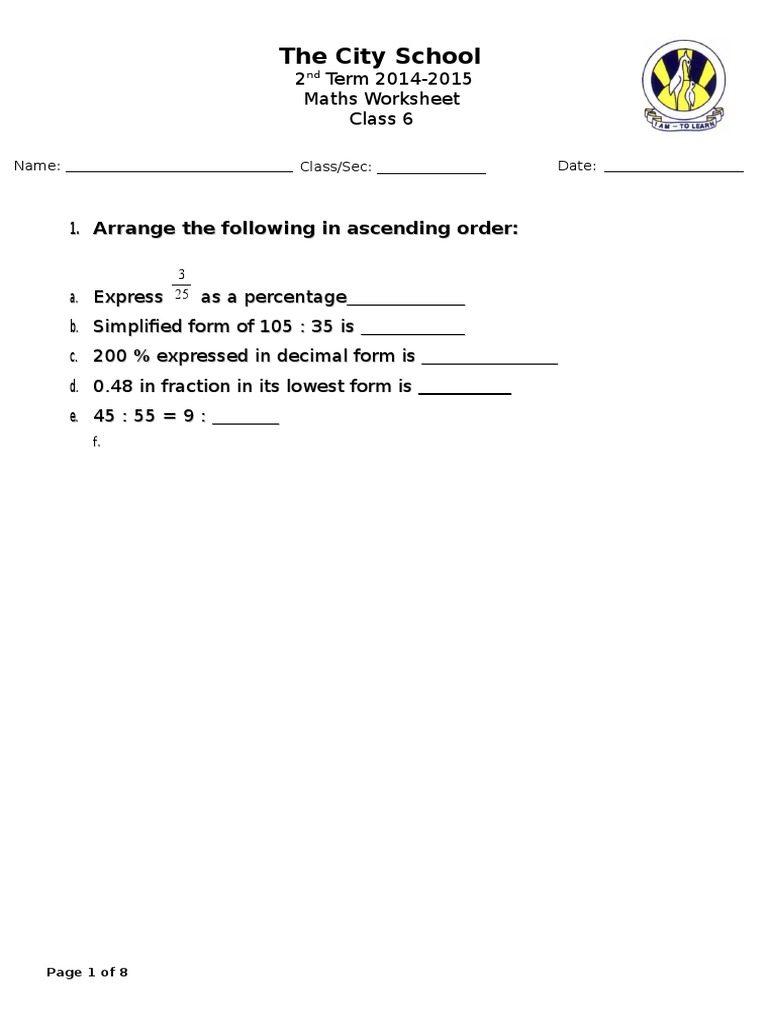 Maths Worksheet Class 6 | PDF | Teaching Methods & Materials