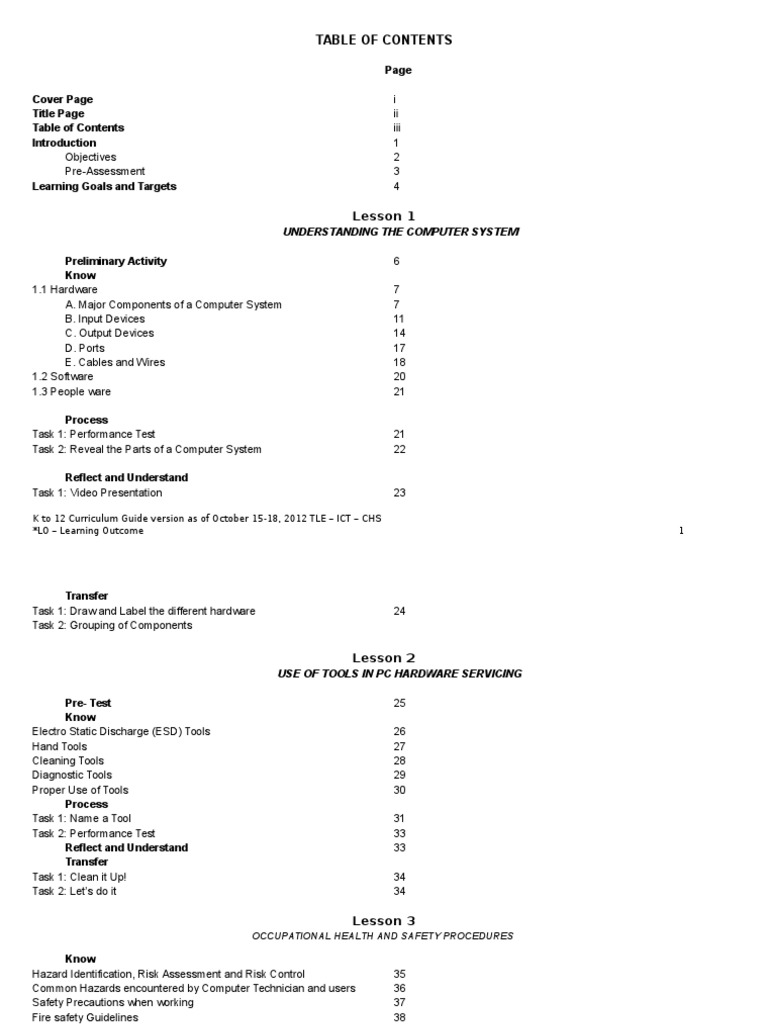 g8 Computer Hardware Servicing CG | PDF | Occupational Safety And ...