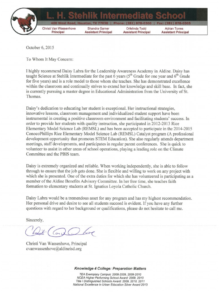 Principal Recommendation Letter | PDF