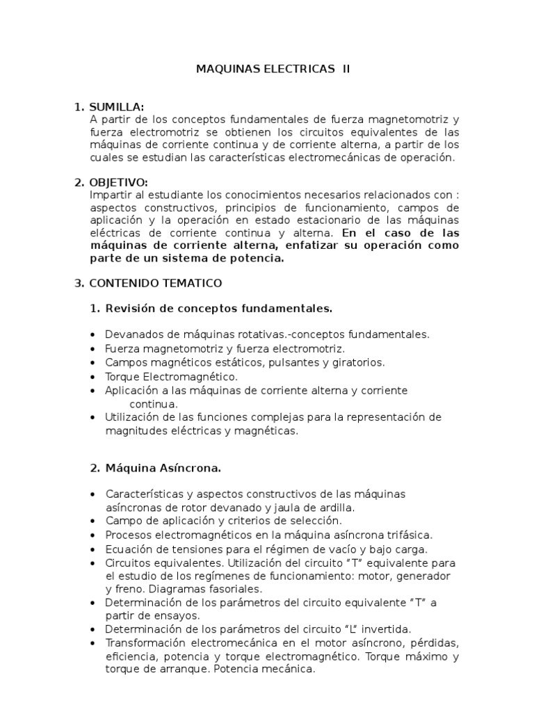 Maquinas Electricas II - Silabus | PDF | Generador eléctrico | Corriente eléctrica