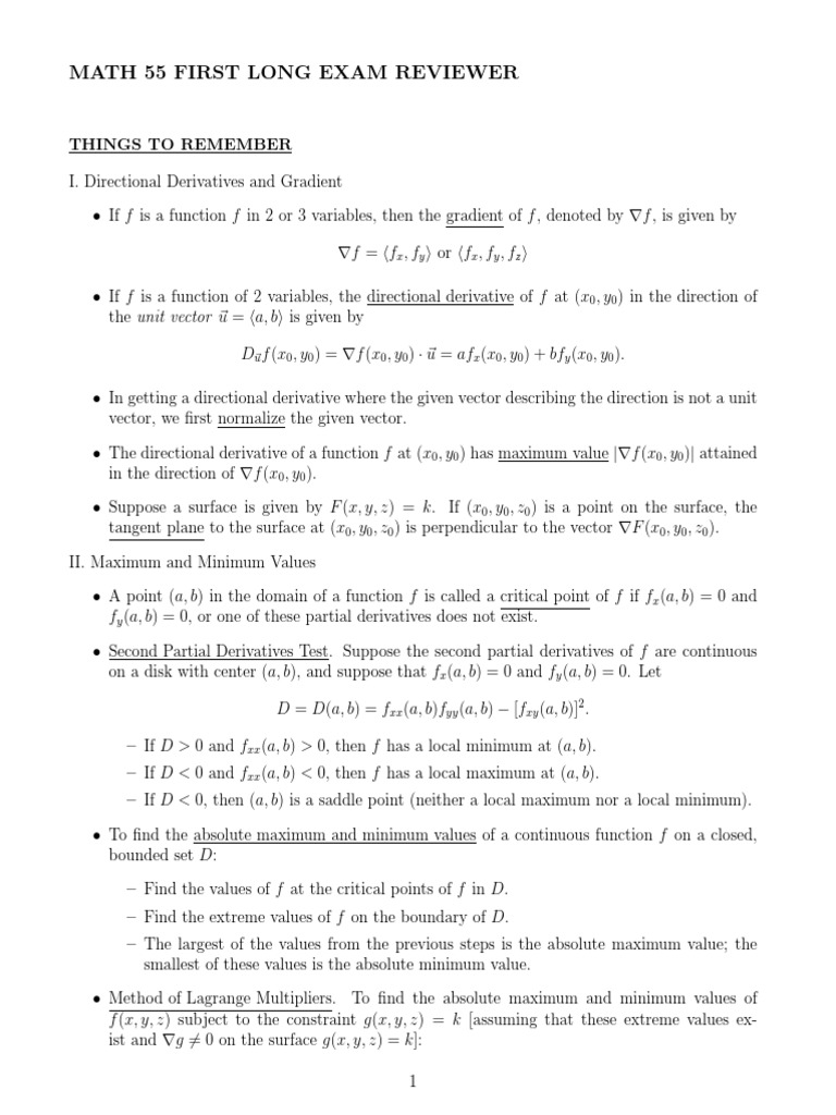 Math 55 First Long Exam Reviewer: X y X y Z | PDF | Maxima And Minima ...
