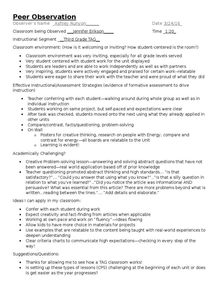 Peer Observation Feedback Form Tag PDF Quality Of Life