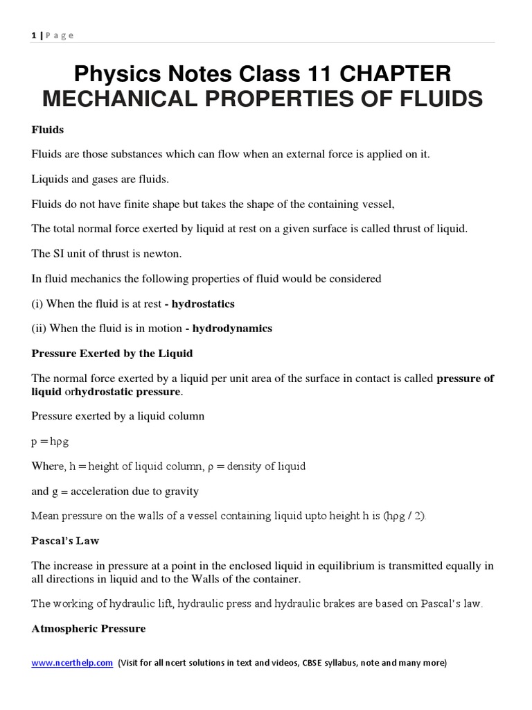 Class 11 Physics Mechanical Properties Of Fluids Ncert Class 11