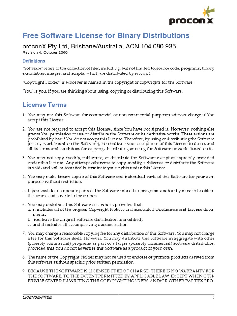 Free Software License For Binary Distributions: Proconx Pty LTD, Brisbane/Australia, Acn 104 080 ...