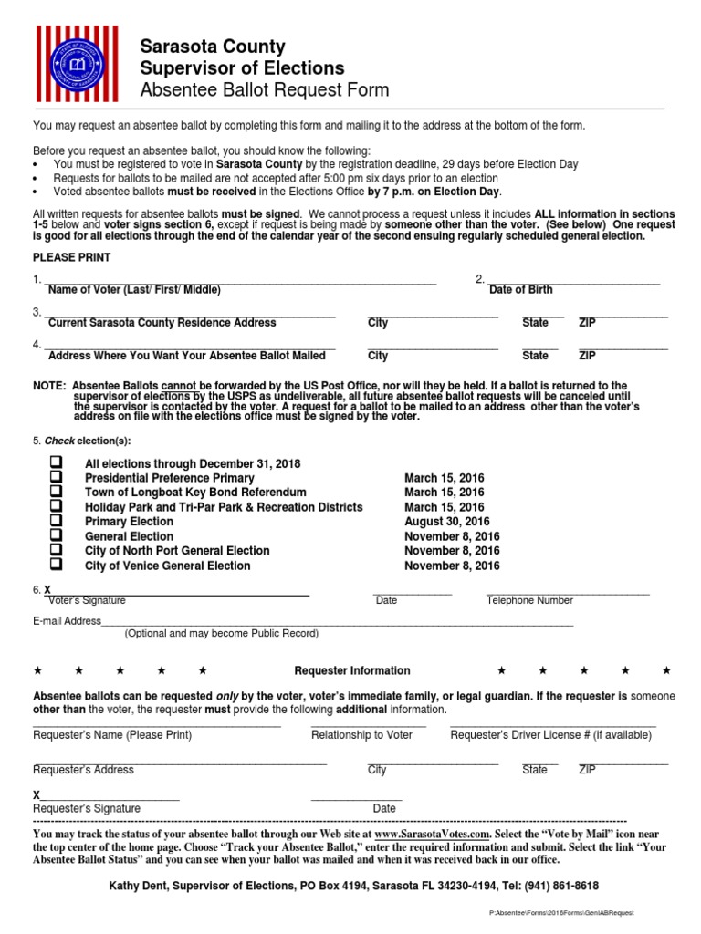 Absentee Ballot Request Form for Sarasota residents