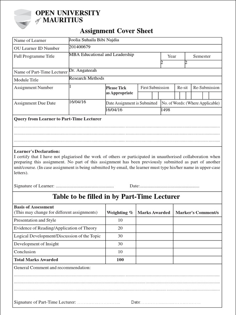 MBA Research Methods Assignment Cover | PDF