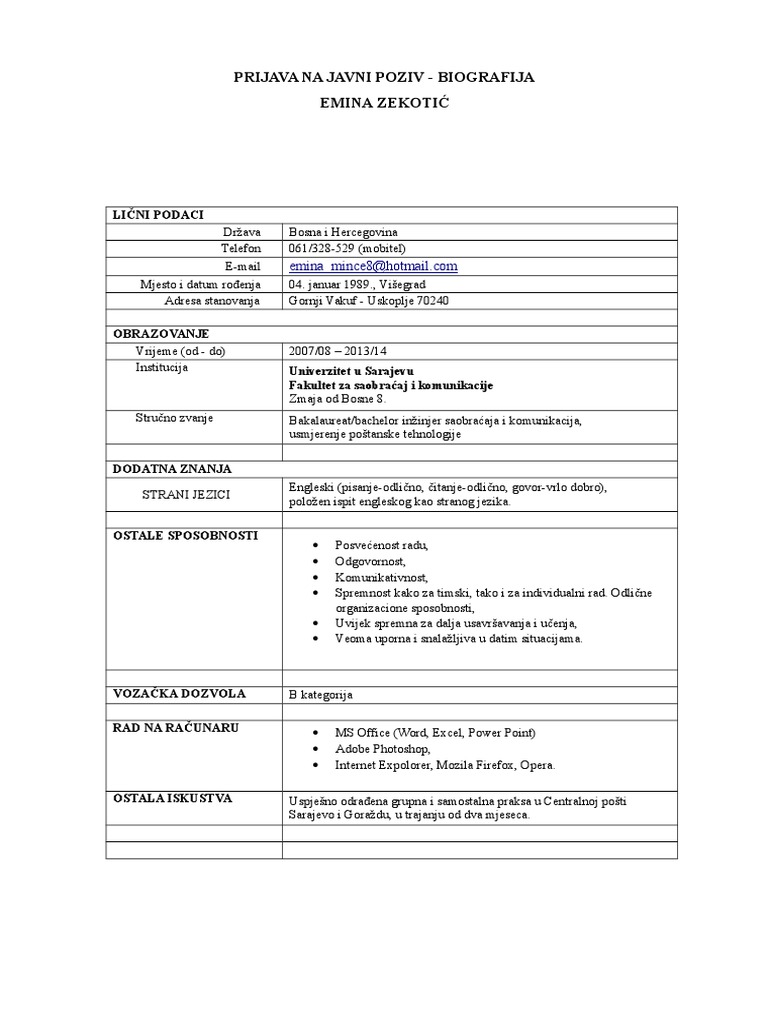 Zaposlise-Eu-Primjer Zivotopis Biografija Curriculum Vitae Cv2 | PDF