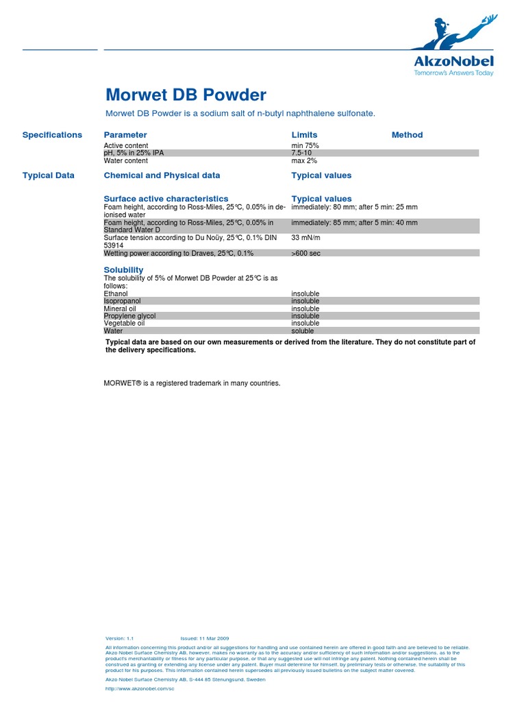 Morwet DB Powder | PDF | Solubility | Water