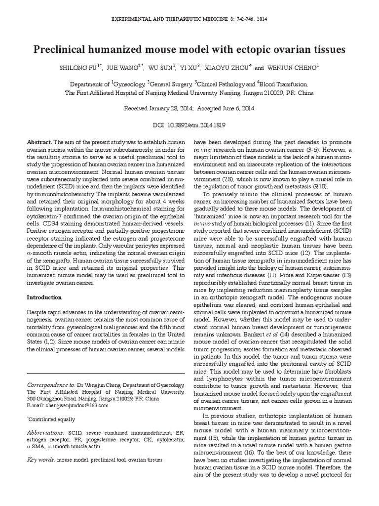 Preclinical Humanized Mouse Model With Ectopic Ovarian Tissues ...