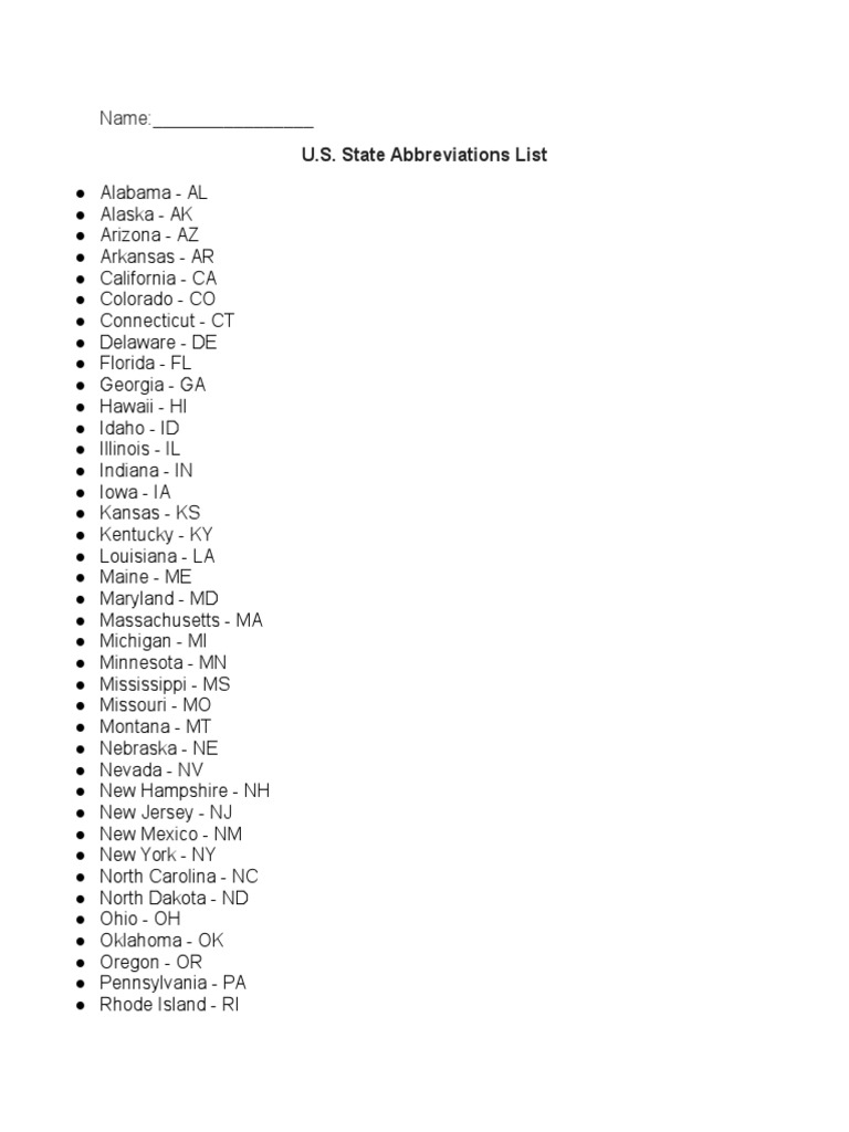 U S State Abbreviations List | PDF