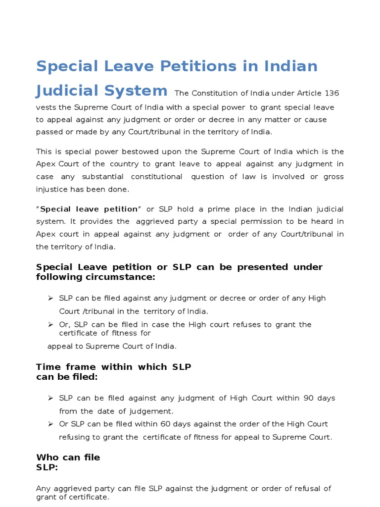 Special Leave Petition SLP | PDF | Supreme Courts | Supreme Court Of India