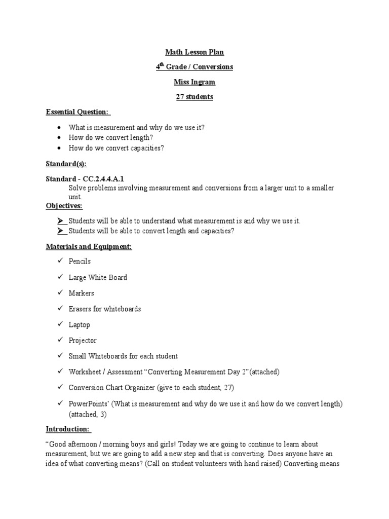 4th Grade Measurement Conversion Lesson | PDF | Foot (Unit ...