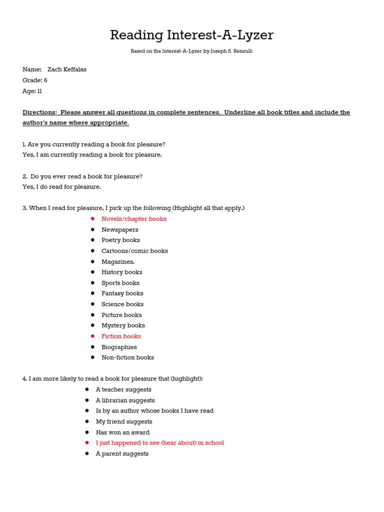 Student Reading Interest Survey | PDF | General Fiction