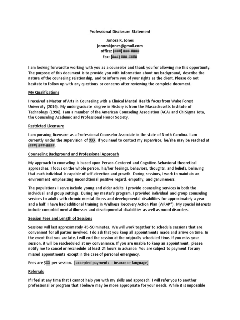 Lpca Professional Disclosure Statement - J Jones | PDF | Psychotherapy ...